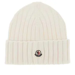 Moncler Wool Beanie Hat With Logo Patch - White