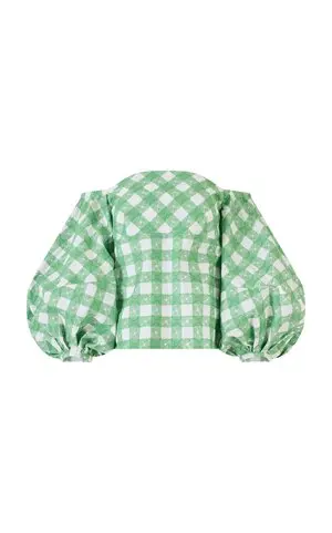Rosie Assoulin Empire Balloon Sleeve Embroidered Gingham Top - Green