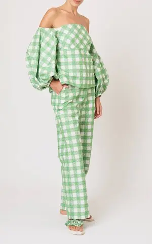 Rosie Assoulin Empire Balloon Sleeve Embroidered Gingham Blouse