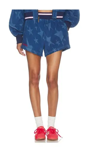 ADIDAS ORIGINALS Denim Graphic Varsity Shorts In Blue - Medium Blue Denim