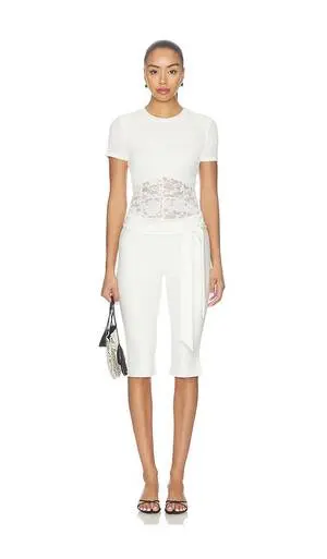 Michael Lauren Ribbed Lace Short Sleeve Top