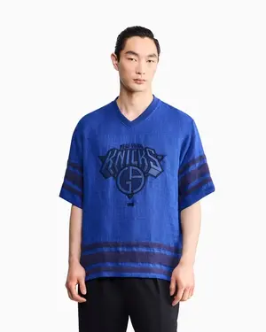 Giorgio Armani Linen T-shirt With Striped Edges And Kith For Knicks Logo