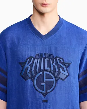 Giorgio Armani Linen T-shirt With Striped Edges And Kith For Knicks Logo
