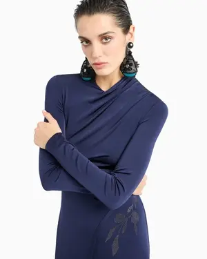 Giorgio Armani Long Dress In Stretch Viscose Jersey With Rhinestone Embellishment - Blue