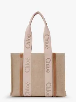 Chloé Woody Linen Shoulder Bag With Embroidered Logo - Beige