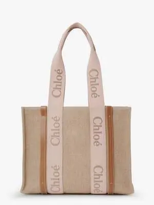 Chloé Woody Linen Shoulder Bag With Embroidered Logo - Beige