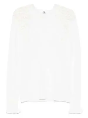 ERMANO SCERVINO Ermanno Scervino White Merino Wool Lace Trimmed Crewneck Long Sleeve Sweater - Multicolor