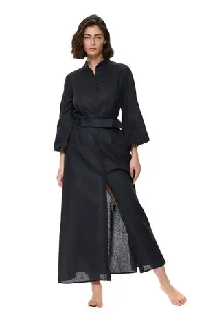 GOTTEX Modern Muse Belted Button Up Linen Dress Cover-up - Black