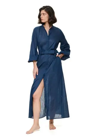 GOTTEX Modern Muse Belted Button Up Linen Dress Cover-up - Dark Azure