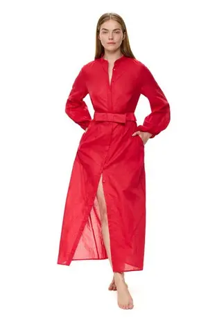 GOTTEX Modern Muse Belted Button Up Linen Dress Cover-up - Red