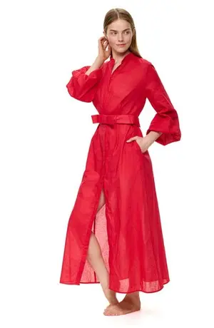 GOTTEX Modern Muse Belted Button Up Linen Dress Cover-up - Red