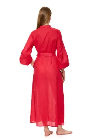 GOTTEX Modern Muse Belted Button Up Linen Dress Cover-up - Red