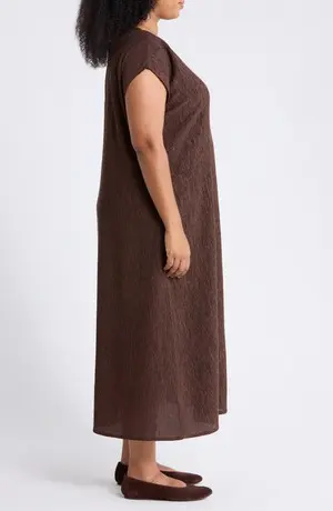 Eileen Fisher V-neck Cap Sleeve Crinkle Dress - Truffle