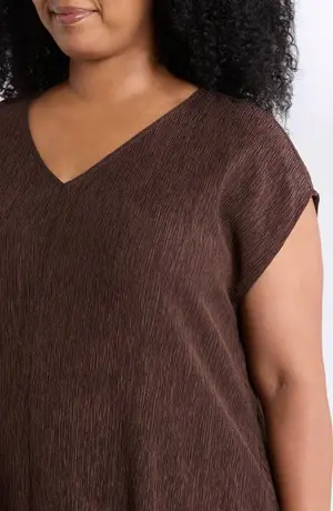 Eileen Fisher V-neck Cap Sleeve Crinkle Dress - Truffle