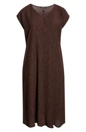Eileen Fisher V-neck Cap Sleeve Crinkle Dress - Truffle