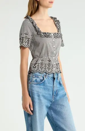 REFORMATION Gabbie Gingham Embroidered Woven Top