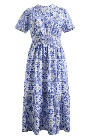 SUGARLIPS Arbor Belraj Floral Tile Cotton Poplin Maxi Dress - Blue/white
