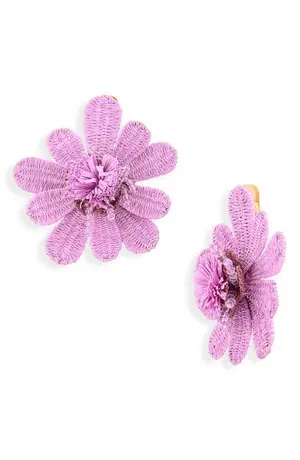 Oscar De La Renta Large Flower Woven Raffia Clip-on Earrings - Lilac