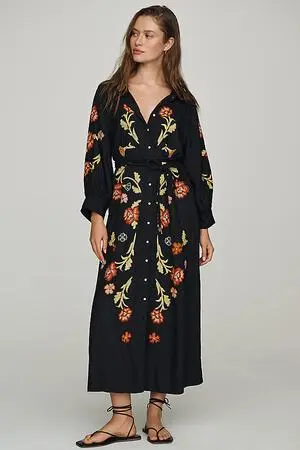 The Great. Embroidered Midi Dress - Black
