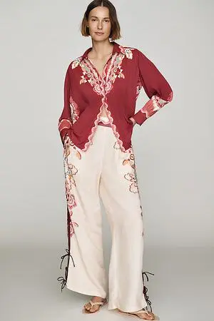 RANNA GILL Embroidered Wide-leg Pants - Pink Pattern