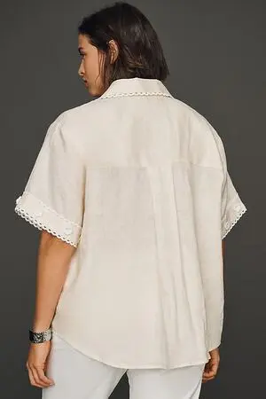 English Factory Linen Buttondown Shirt With Scalloped Crochet Trim