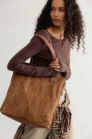 Free People Suede Tote Bag With Contrasting Straps - Biscuit