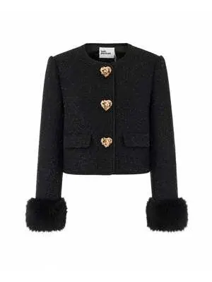 SELF-PORTRAIT Metallic Boucle Jacket With Detachable Faux Fur Cuffs - Black