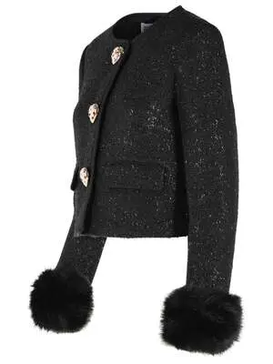 SELF-PORTRAIT Metallic Boucle Jacket With Detachable Faux Fur Cuffs