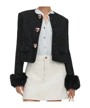 SELF-PORTRAIT Metallic Boucle Jacket With Detachable Faux Fur Cuffs