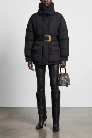 Balmain Belted Hooded Down Jacket - Black