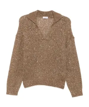 Brunello Cucinelli Long Sleeve Knit Top With Polo Collar - Brown