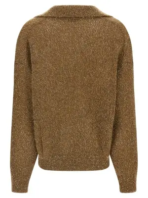 Brunello Cucinelli Long Sleeve Knit Top With Polo Collar - Brown