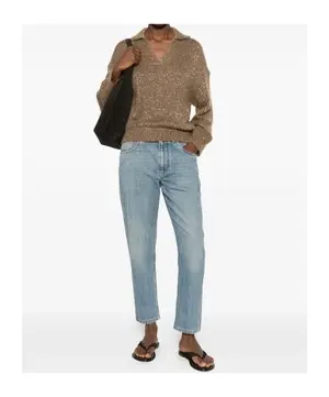 Brunello Cucinelli Long Sleeve Knit Top With Polo Collar - Brown