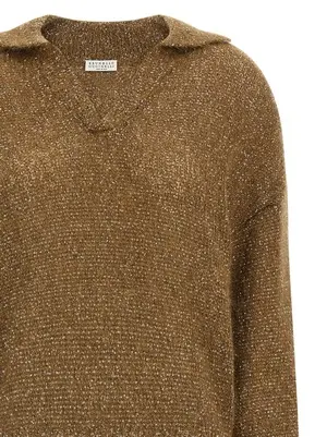 Brunello Cucinelli Long Sleeve Knit Top With Polo Collar - Brown