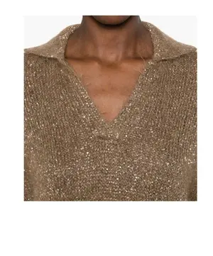 Brunello Cucinelli Long Sleeve Knit Top With Polo Collar - Brown