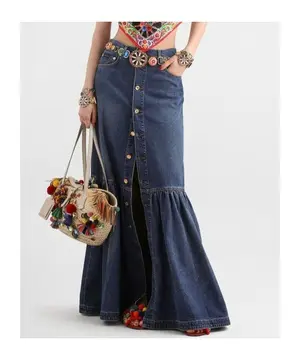 Dolce & Gabbana Midi Denim Skirt With Logo Plate