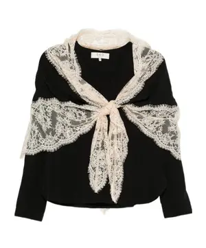 Sea Lace-trimmed V-neck Blouse With Detachable Scarf - Black