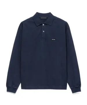 Prada Logo Patch Long-sleeve Polo Shirt - Navy