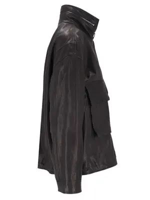 Emporio Armani Leather Jacket With High Neck And Flap Pockets