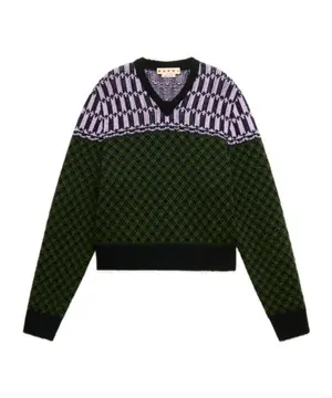 Marni Geometric Motif V-neck Jumper - Green