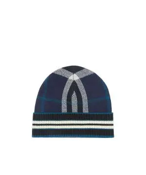 Burberry Check And Stripe Cashmere Beanie - Blue