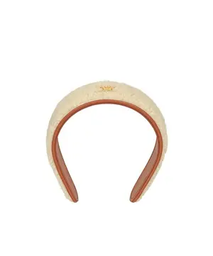 Celine Triomphe Headband In Shearling, Calfskin, And Brass With Gold Finish - White/tan/gold