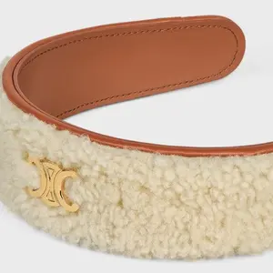 Celine Triomphe Headband In Shearling, Calfskin, And Brass With Gold Finish
