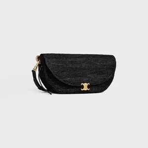 Celine Little Halfmoon Soft Triomphe Bag In Raffia And Lambskin