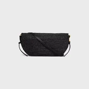 Celine Little Halfmoon Soft Triomphe Bag In Raffia And Lambskin