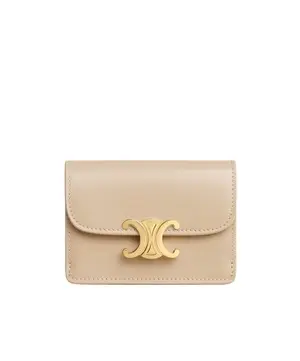 Celine Card Holder With Flap Triomphe In Shiny Calfskin - Dark Ivory