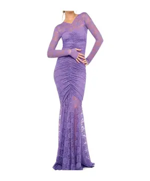 Norma Kamali V Neck Shirred Front Fishtail Gown