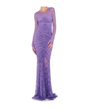 Norma Kamali V Neck Shirred Front Fishtail Gown