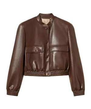 TWINSET Faux Leather Bomber Jacket With Pockets - Dark Brown