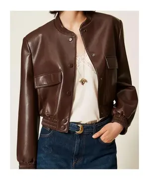 TWINSET Faux Leather Bomber Jacket With Pockets